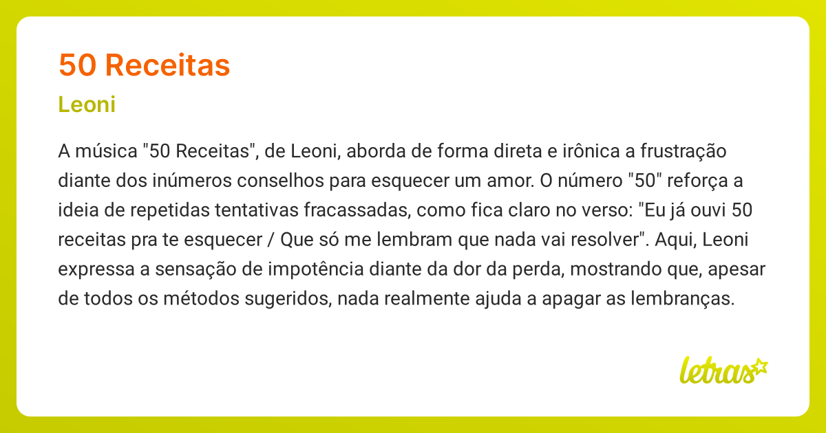 Significado da música 50 RECEITAS (Leoni) - LETRAS.MUS.BR