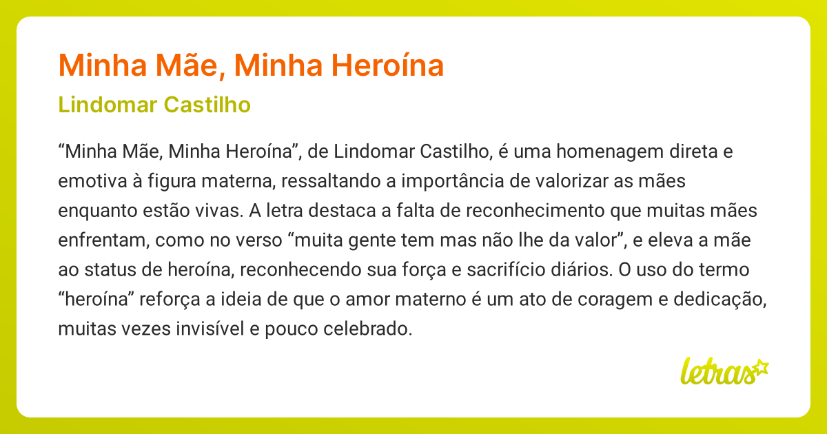 Significado da música MINHA MÃE, MINHA HEROÍNA (Lindomar Castilho ...