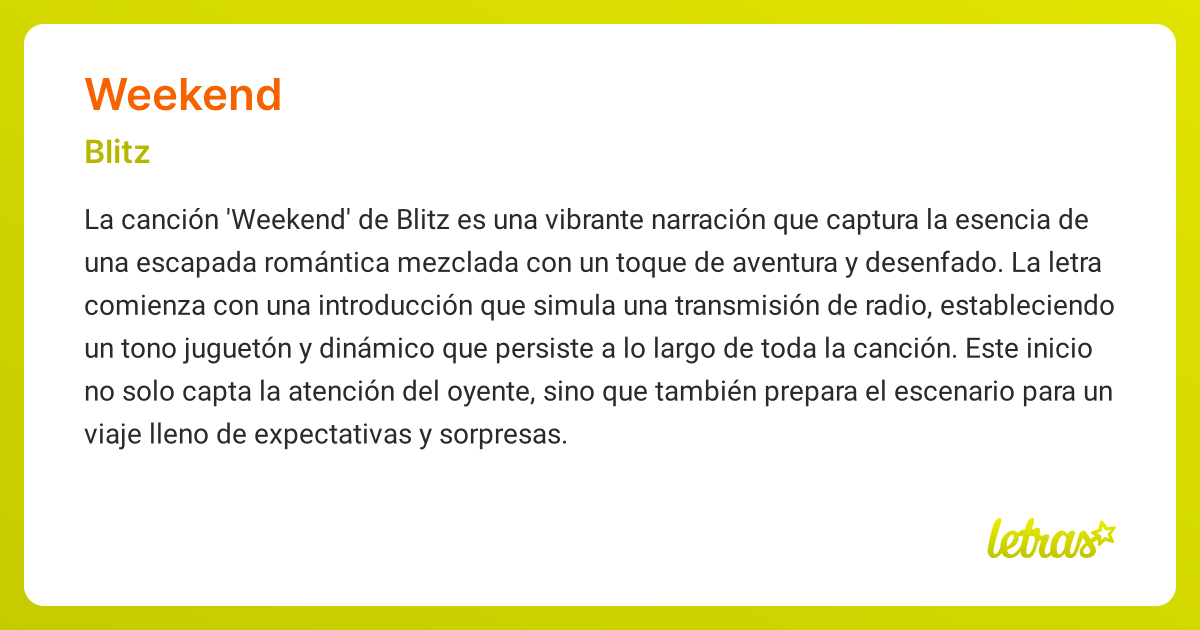 Significado de la canción WEEKEND (Blitz) - LETRAS.COM