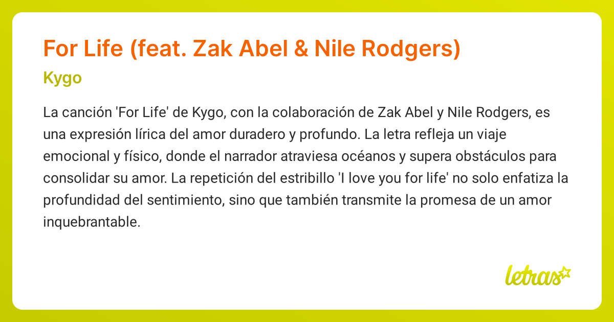 Significado de la canción For Life (feat. Zak Abel & Nile Rodgers ...