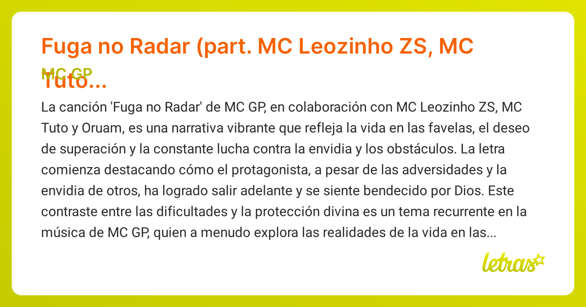Significado de la canción Fuga no Radar (part. MC Leozinho ZS, MC Tuto ...