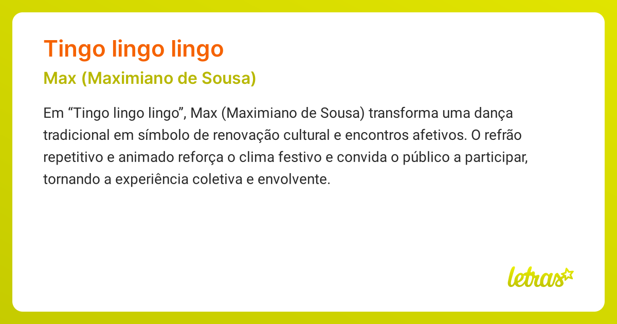 Significado da música TINGO LINGO LINGO (Max (Maximiano de Sousa ...