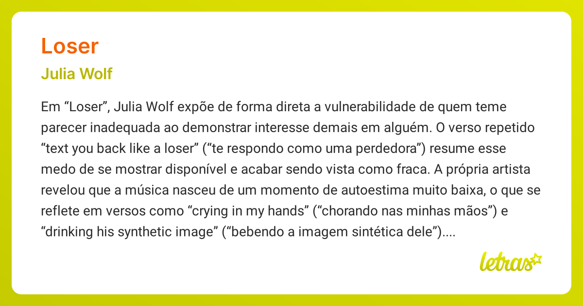 Significado da música LOSER (Julia Wolf) - LETRAS.MUS.BR