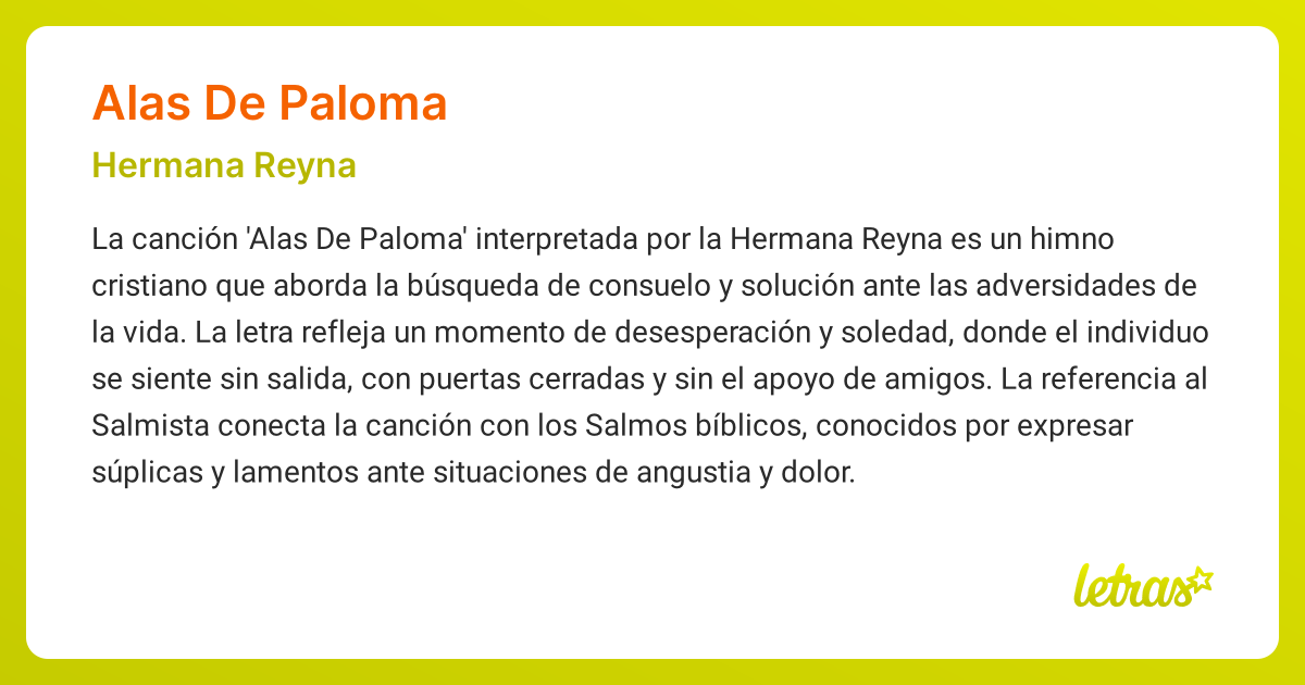 Significado de la canción ALAS DE PALOMA (Hermana Reyna) - LETRAS.COM
