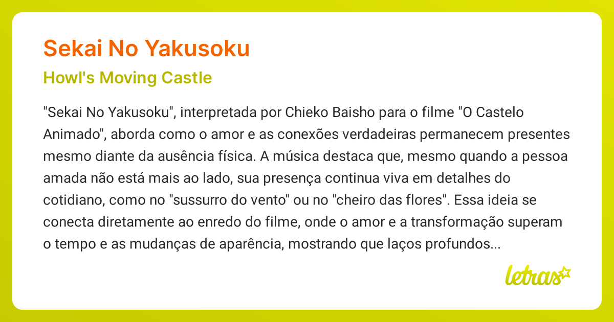 Significado da música SEKAI NO YAKUSOKU (Howl's Moving Castle) - LETRAS ...