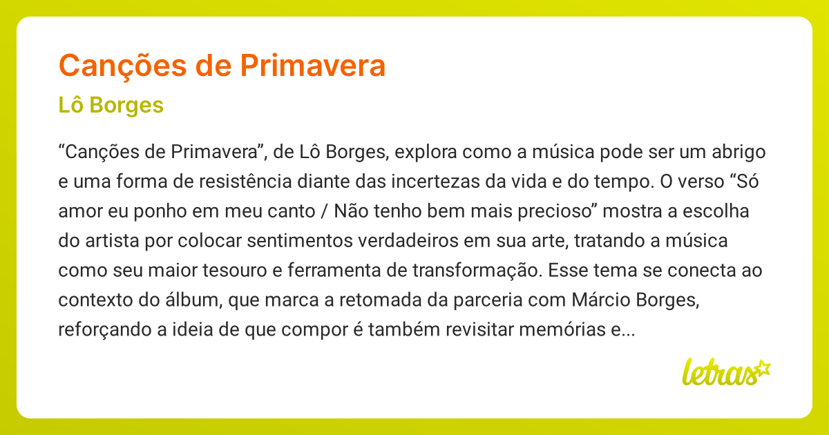 Significado da música CANÇÕES DE PRIMAVERA (Lô Borges) - LETRAS.MUS.BR