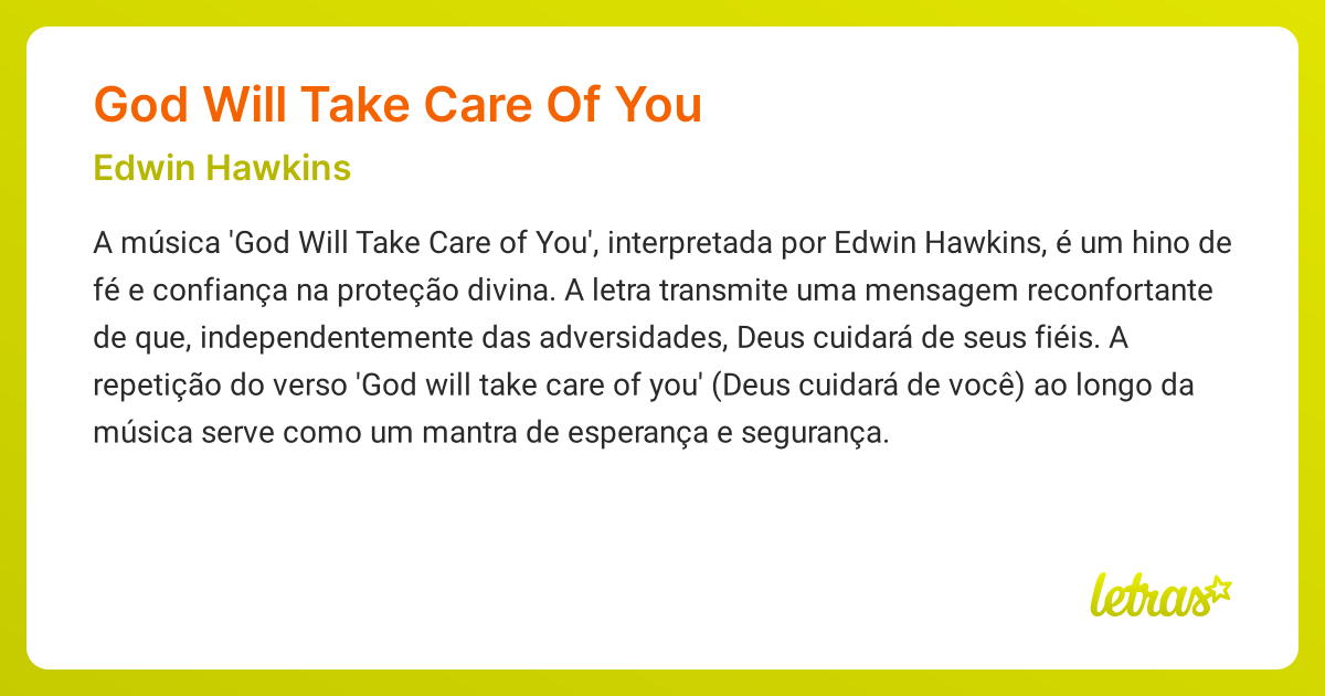 Significado da música GOD WILL TAKE CARE OF YOU (Edwin Hawkins ...