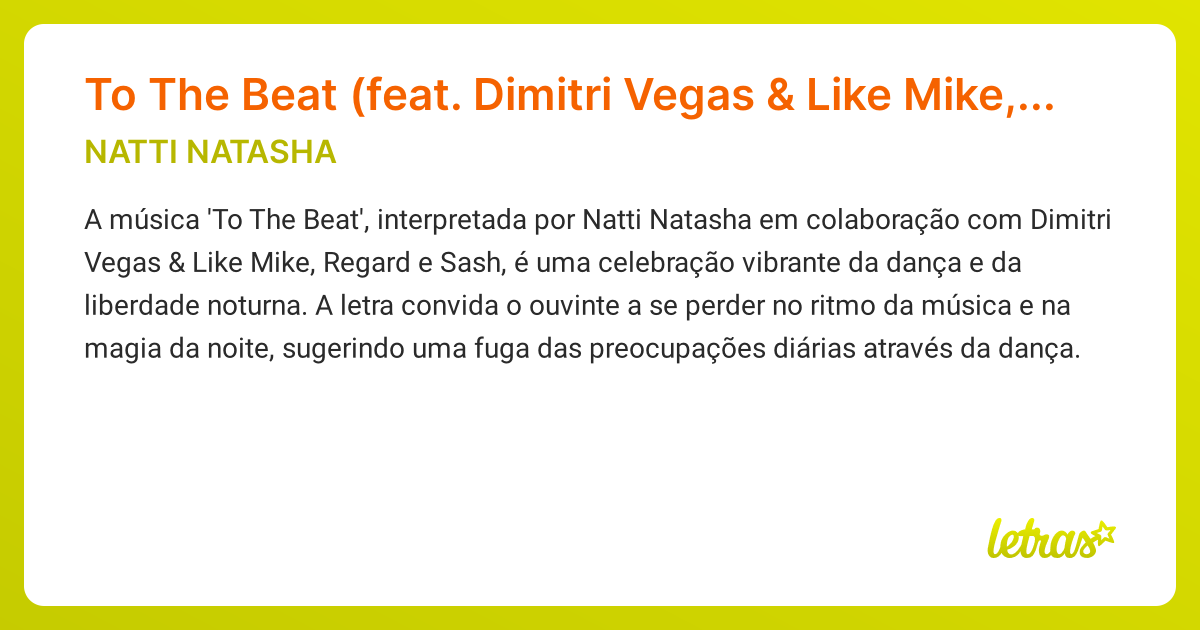 Significado da música To The Beat (feat. Dimitri Vegas & Like Mike ...