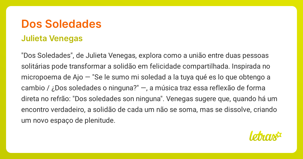 Significado da música DOS SOLEDADES (Julieta Venegas) - LETRAS.MUS.BR