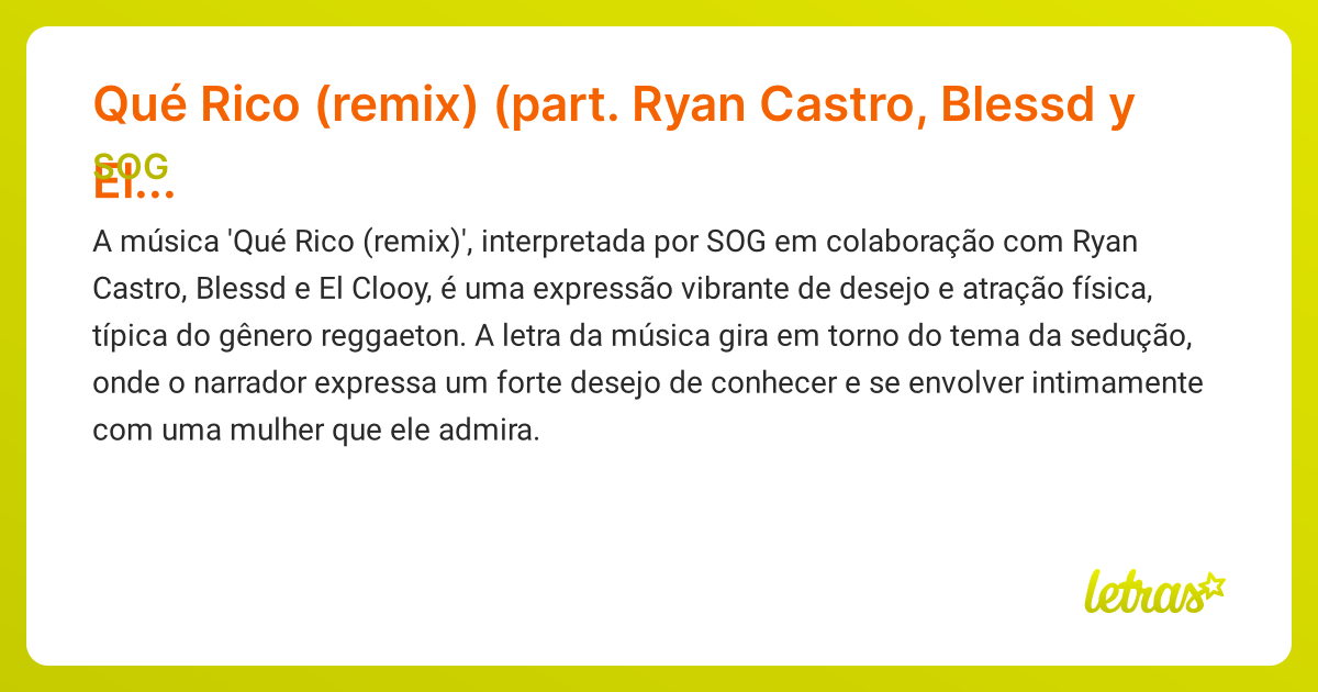 Significado da música Qué Rico (remix) (part. Ryan Castro, Blessd y El ...