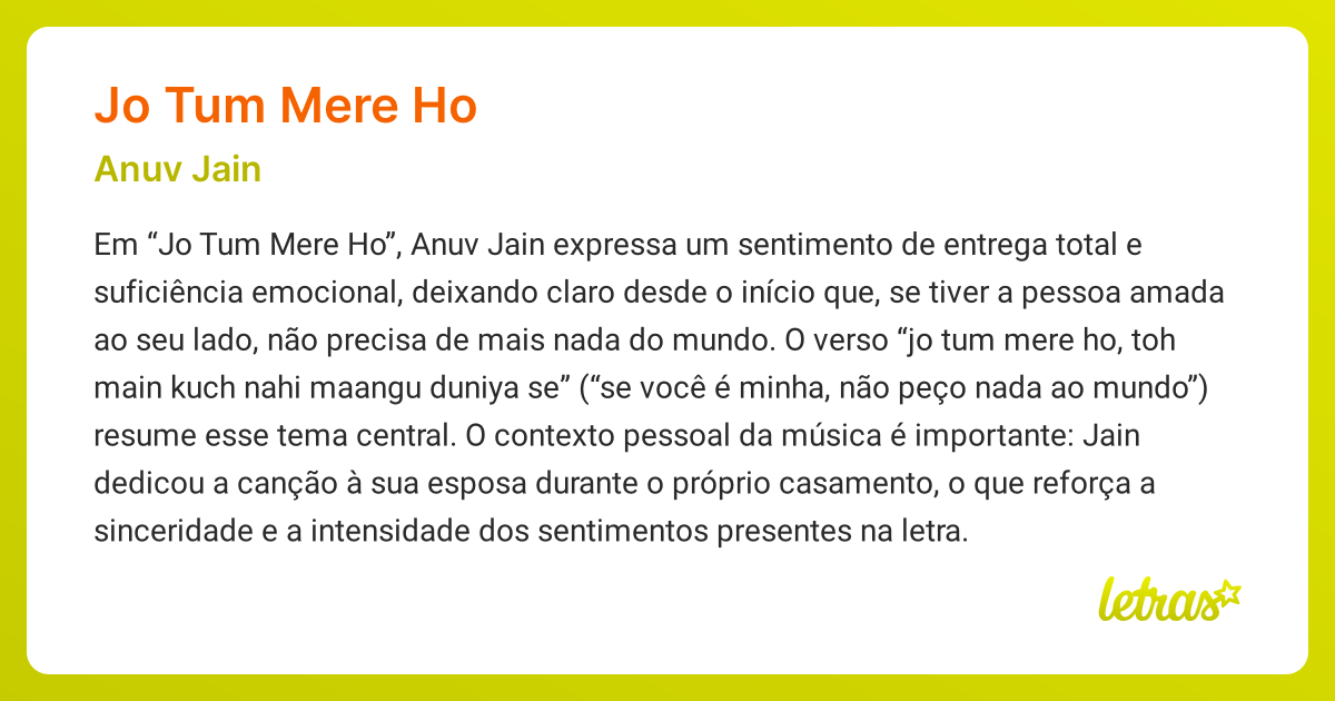 Significado da música JO TUM MERE HO (Anuv Jain) - LETRAS.MUS.BR