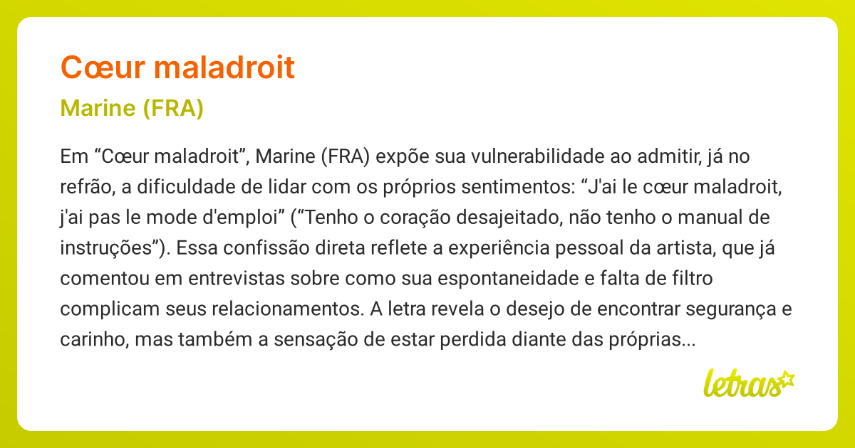 Significado da música CŒUR MALADROIT (Marine (FRA)) - LETRAS.MUS.BR