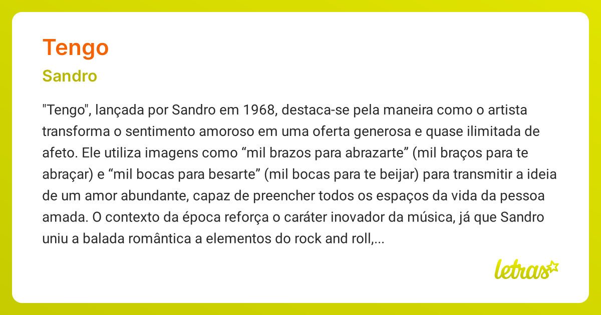 Significado da música TENGO (Sandro) - LETRAS.MUS.BR