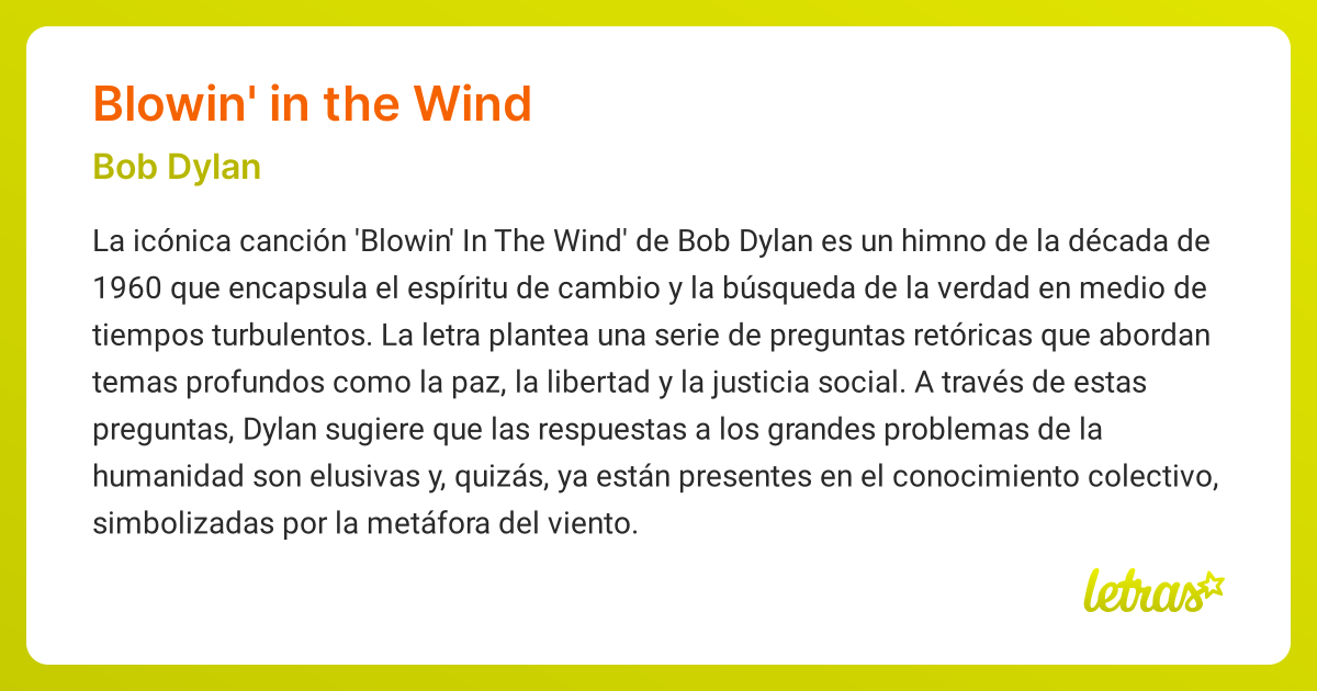 Significado de la canción BLOWIN' IN THE WIND (Bob Dylan) - LETRAS.COM