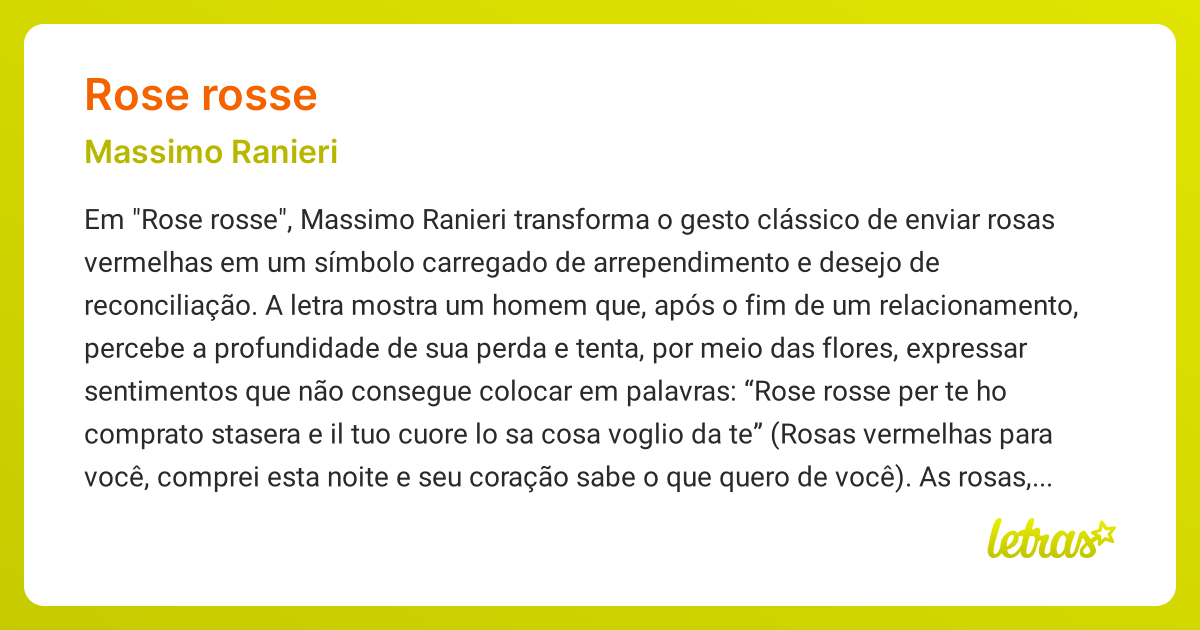 Significado da música ROSE ROSSE (Massimo Ranieri) - LETRAS.MUS.BR