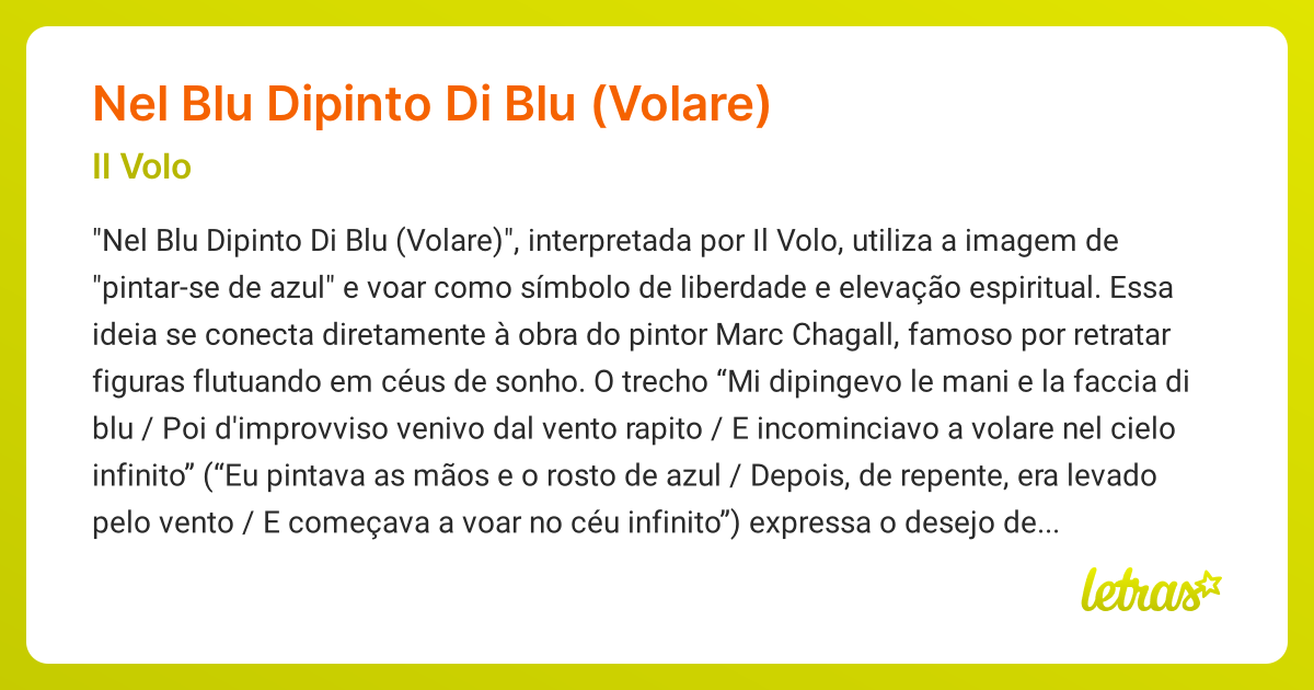 Significado da música Nel Blu Dipinto Di Blu (Volare) (Il Volo ...