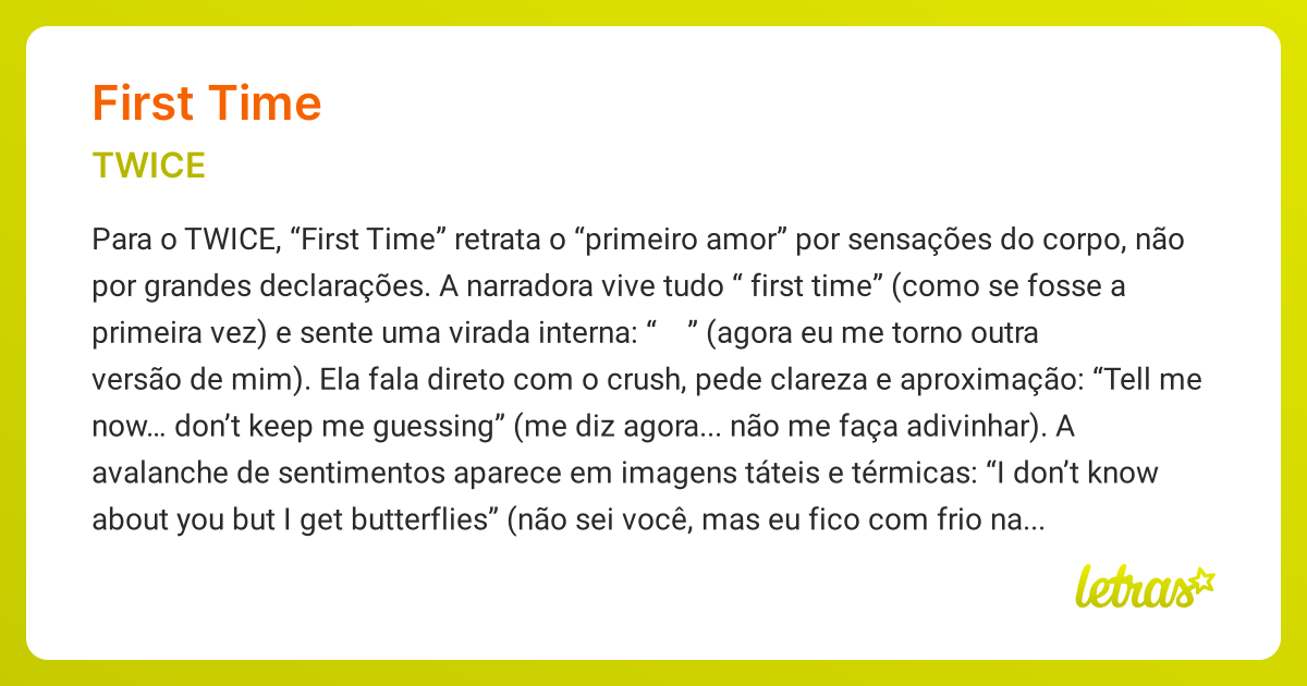 Significado da música FIRST TIME (TWICE) - LETRAS.MUS.BR