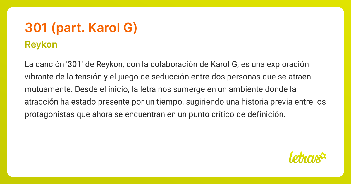 Significado de la canción 301 (PART. KAROL G) (Reykon) - LETRAS.COM