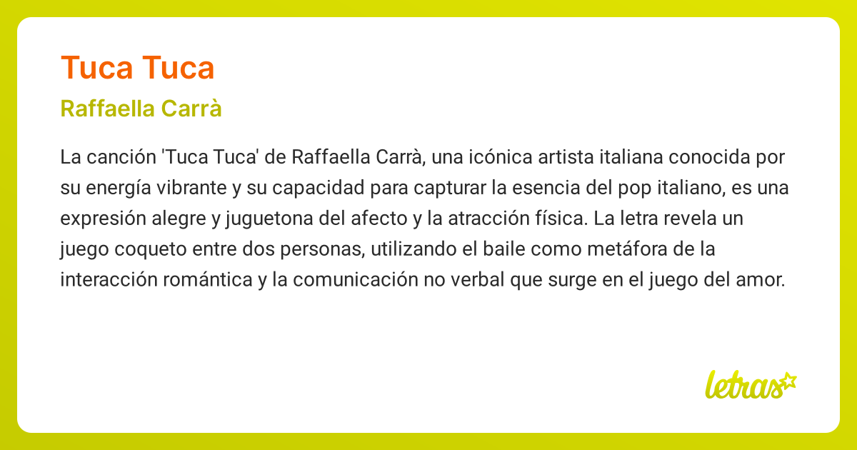 Significado de la canción TUCA TUCA (Raffaella Carrà) - LETRAS.COM