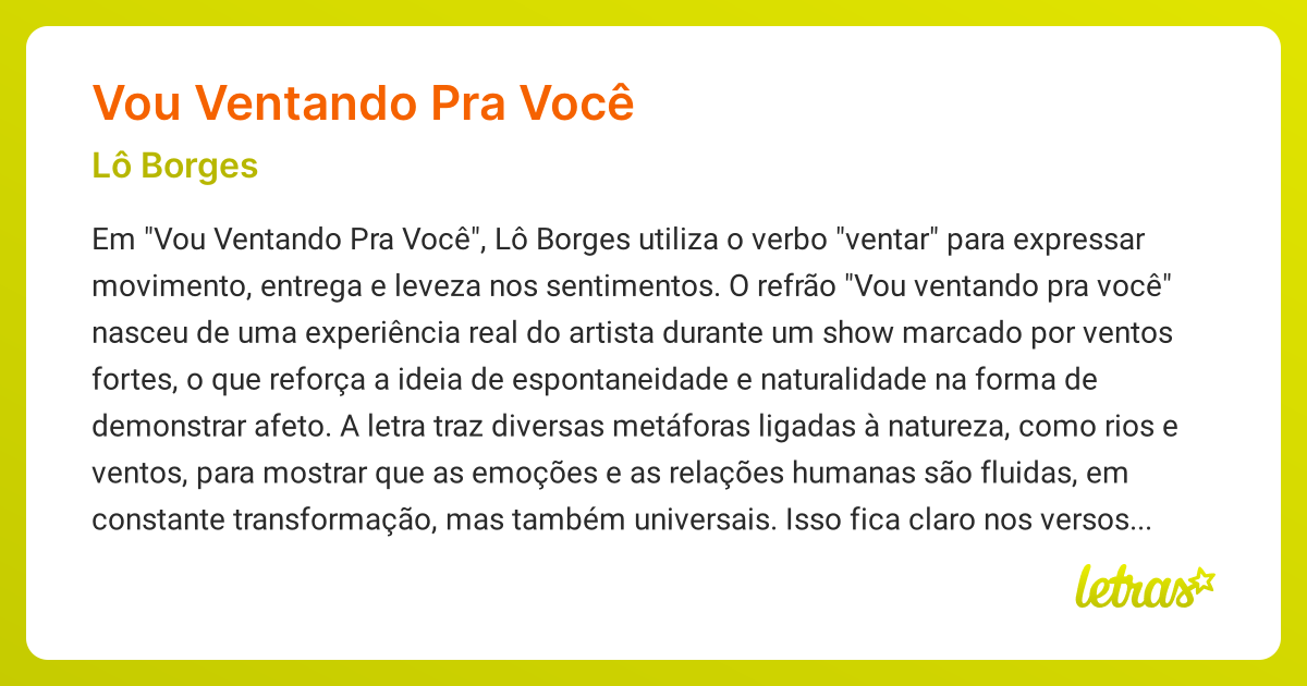 Significado da música VOU VENTANDO PRA VOCÊ (Lô Borges) - LETRAS.MUS.BR