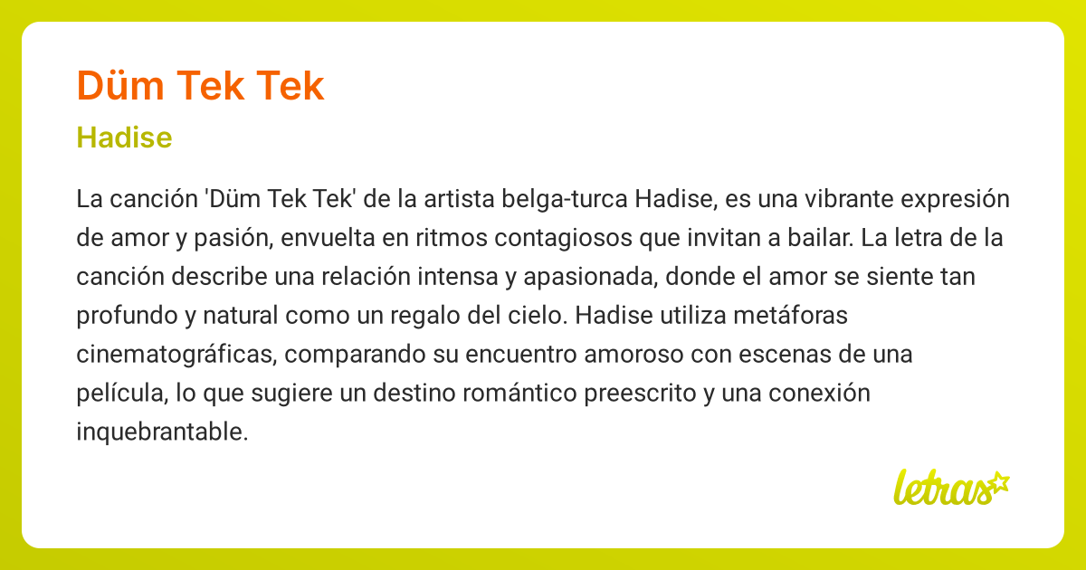 Significado de la canción DÜM TEK TEK (Hadise) - LETRAS.COM