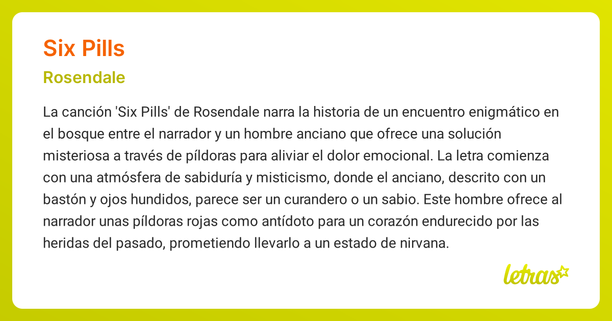 Significado de la canción SIX PILLS (Rosendale) - LETRAS.COM