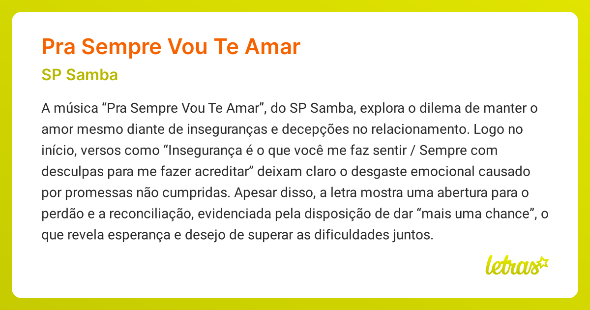 Significado da música PRA SEMPRE VOU TE AMAR (SP Samba) - LETRAS.MUS.BR