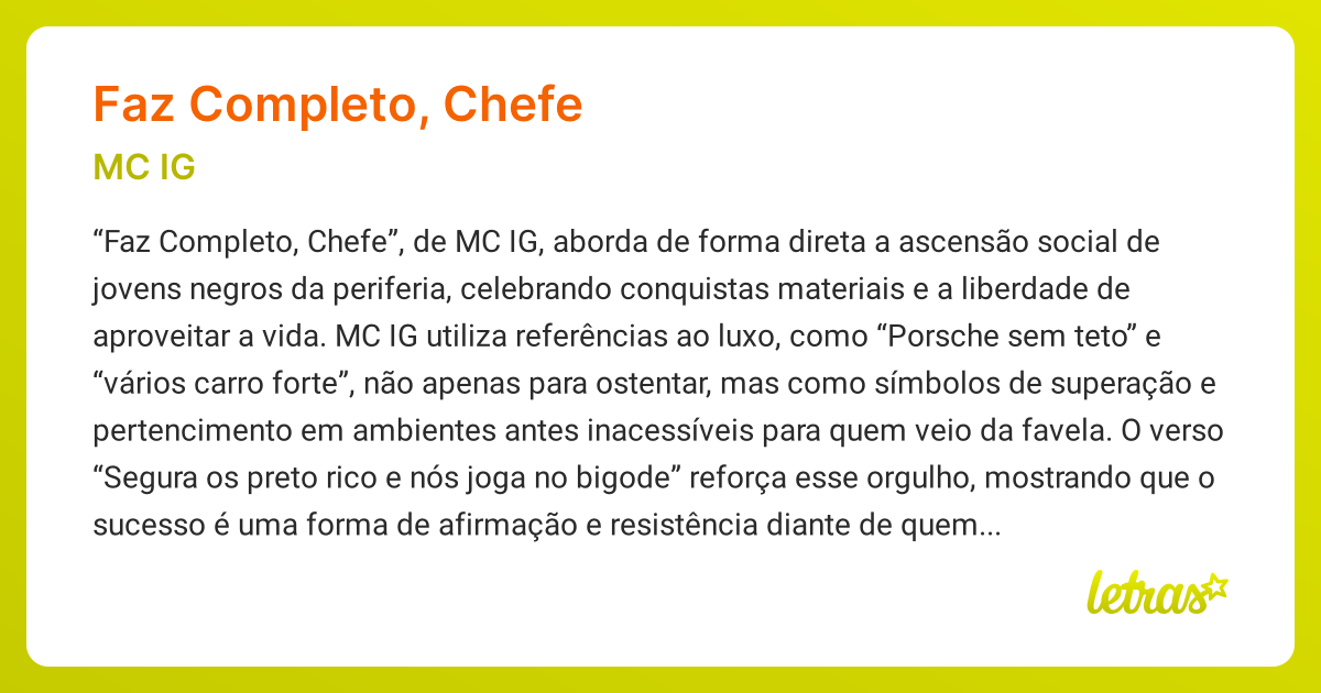 Significado da música FAZ COMPLETO, CHEFE (MC IG) - LETRAS.MUS.BR