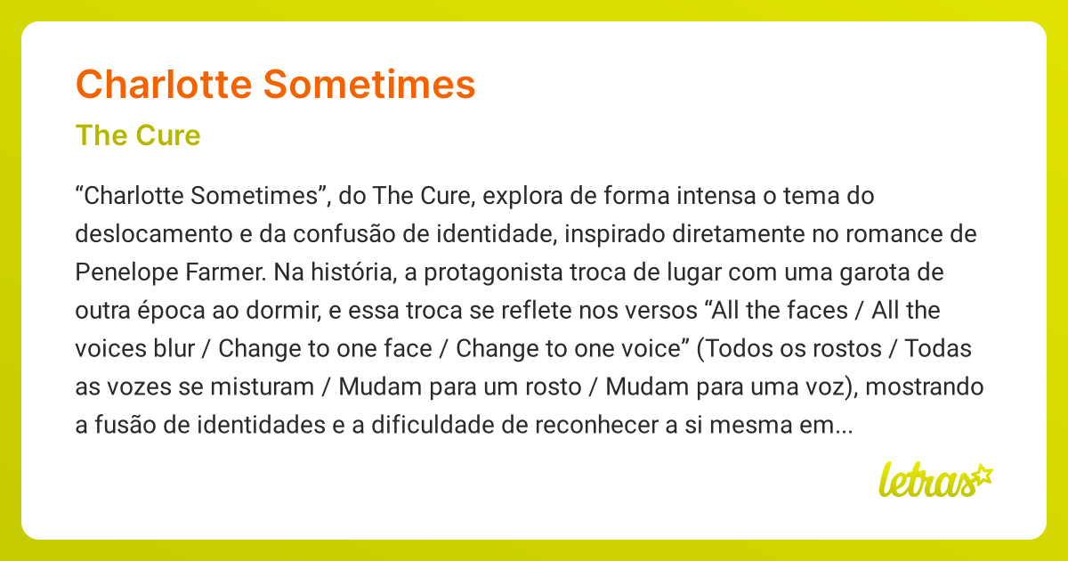 Significado da música CHARLOTTE SOMETIMES (The Cure) - LETRAS.MUS.BR