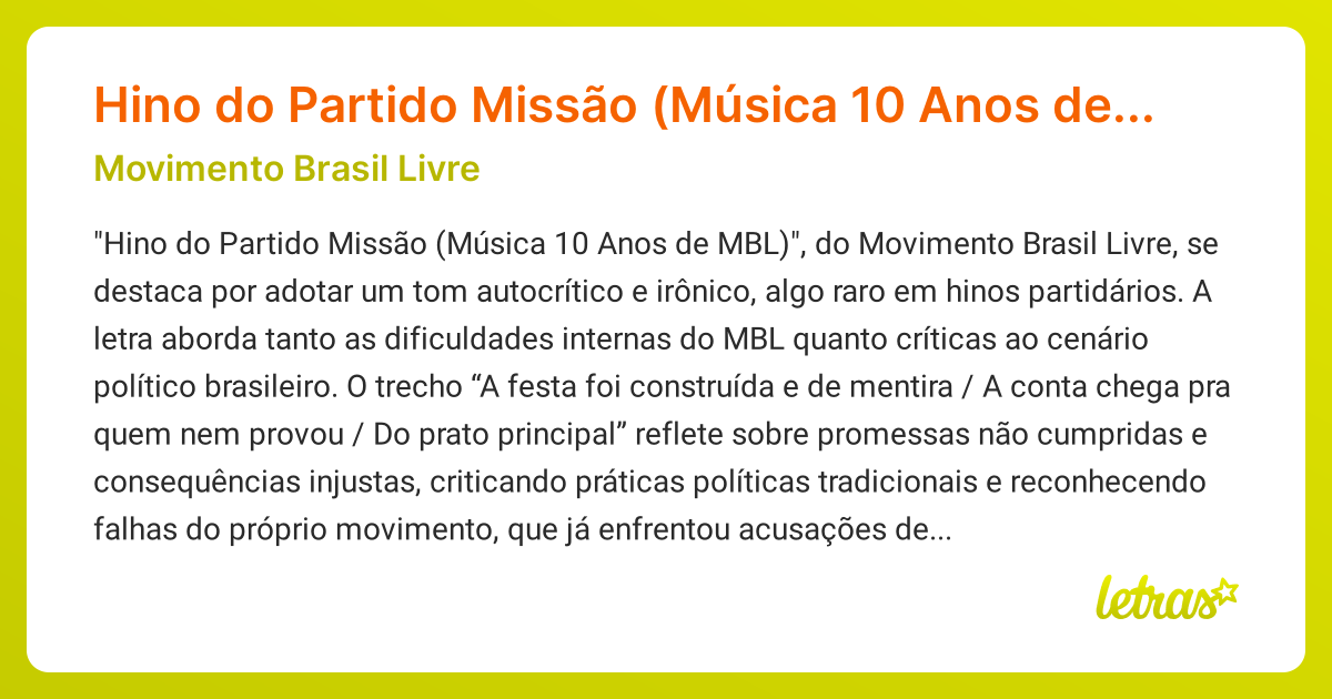 Significado da música Hino do Partido Missão (Música 10 Anos de MBL ...