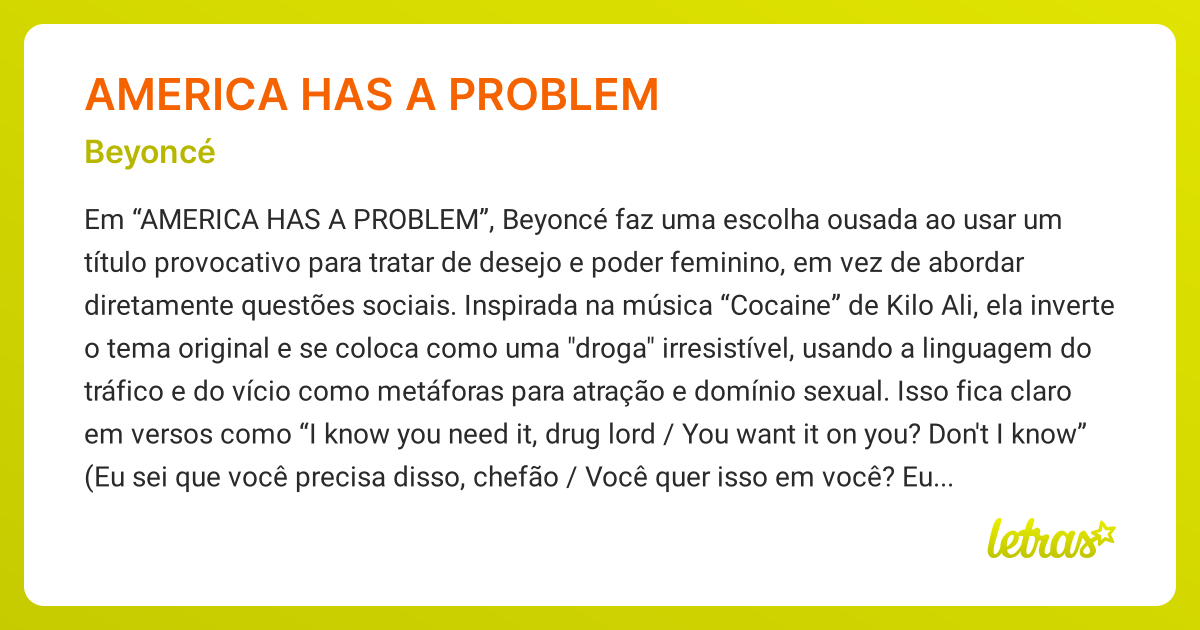 Significado da música AMERICA HAS A PROBLEM (Beyoncé) - LETRAS.MUS.BR
