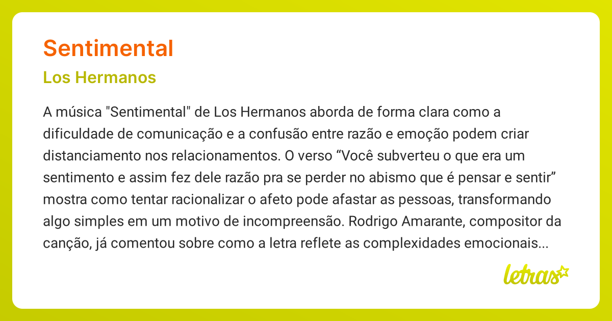 Significado da música SENTIMENTAL (Los Hermanos) - LETRAS.MUS.BR