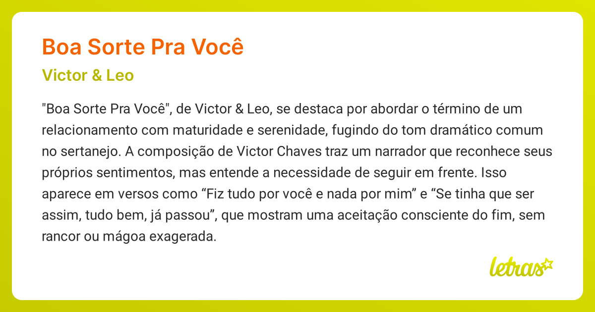 Significado da música BOA SORTE PRA VOCÊ (Victor & Leo) - LETRAS.MUS.BR