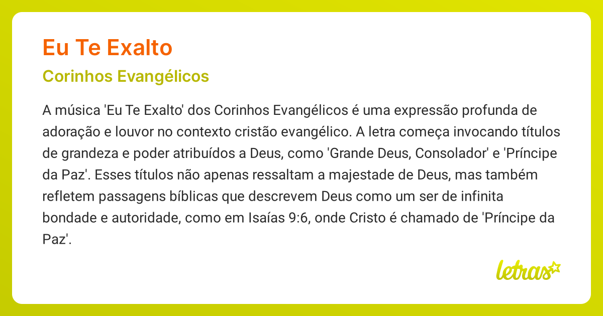 Significado da música EU TE EXALTO (Corinhos Evangélicos) - LETRAS.MUS.BR