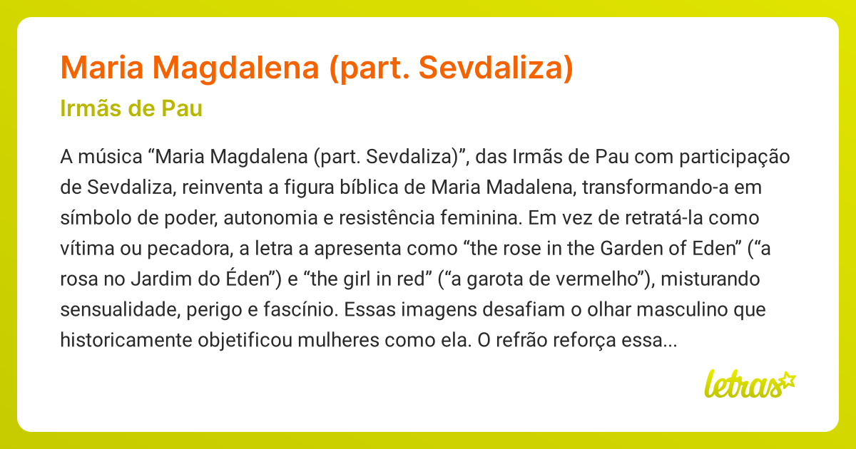 Significado da música Maria Magdalena (part. Sevdaliza) (Irmãs de Pau ...