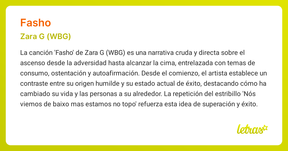 Significado de la canción FASHO (Zara G (WBG)) - LETRAS.COM