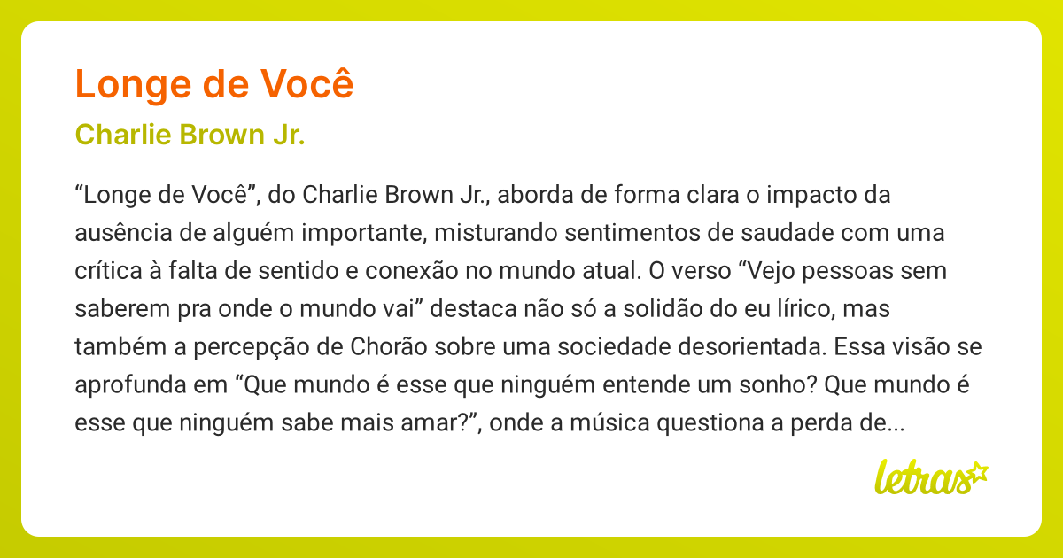 Significado da música LONGE DE VOCÊ (Charlie Brown Jr.) - LETRAS.MUS.BR