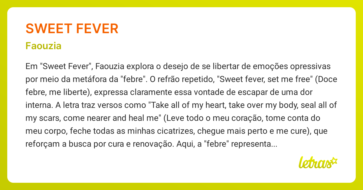 Significado da música SWEET FEVER (Faouzia) - LETRAS.MUS.BR