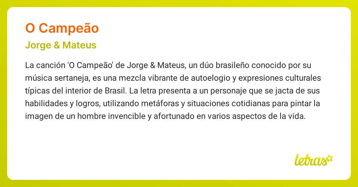 Significado de la canción O CAMPEÃO (Jorge & Mateus) - LETRAS.COM