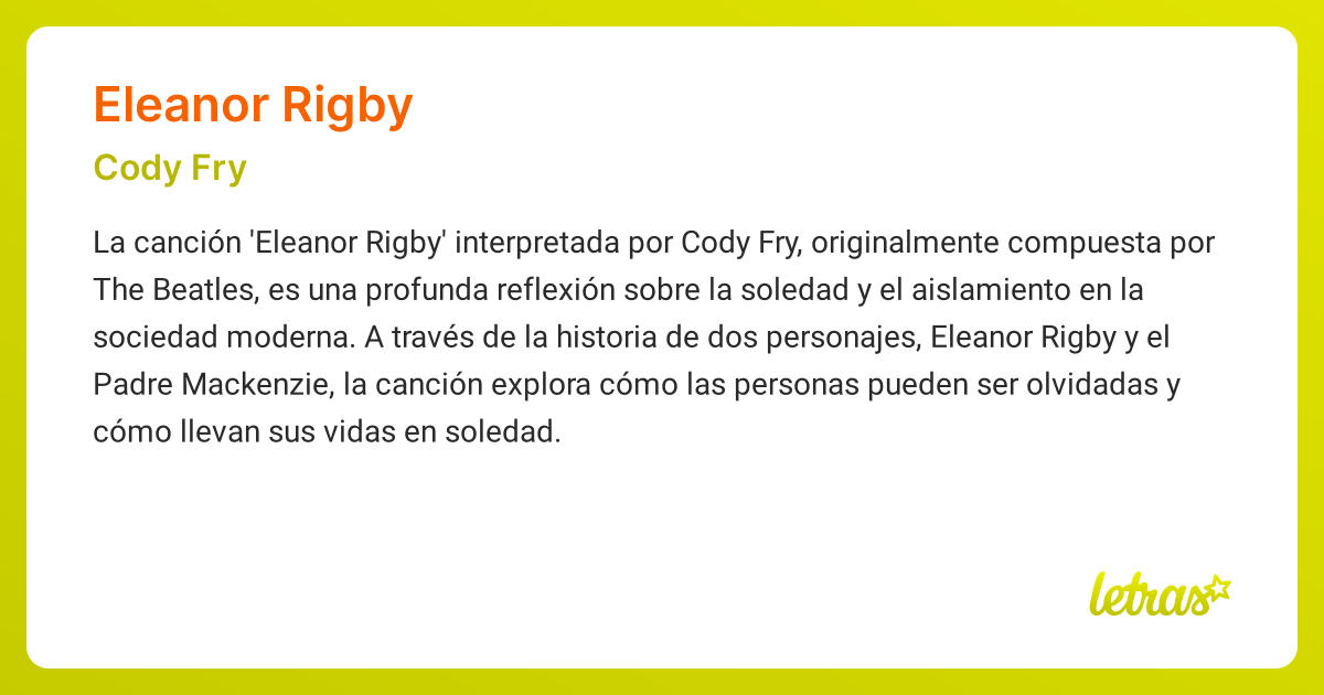 Significado de la canción ELEANOR RIGBY (Cody Fry) - LETRAS.COM