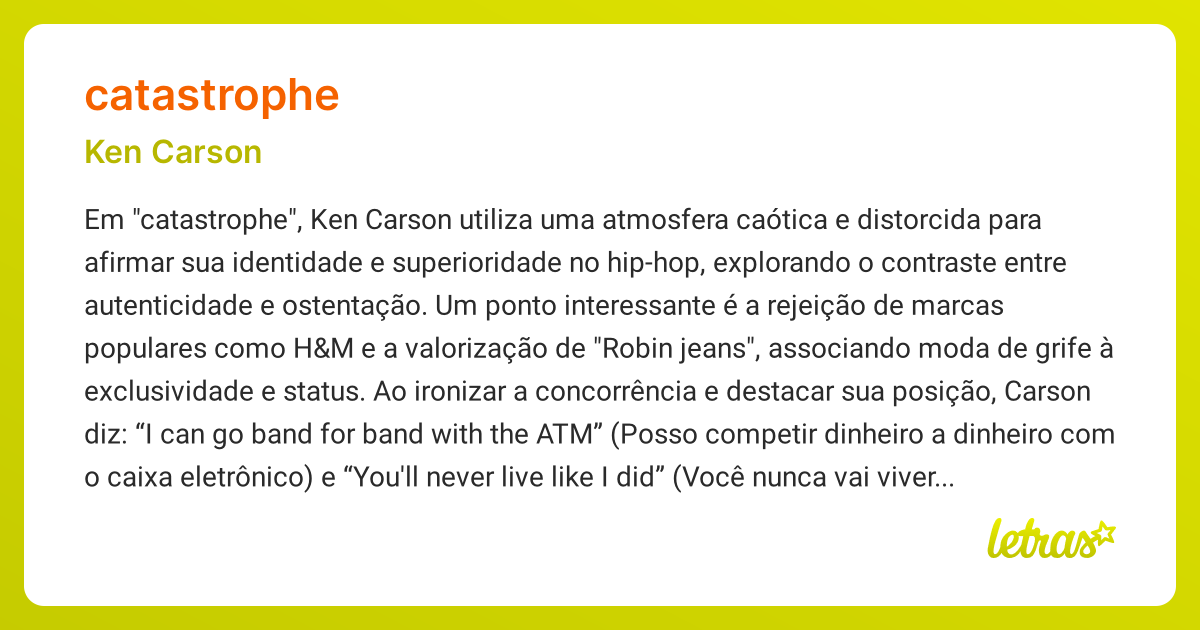 Significado da música CATASTROPHE (Ken Carson) - LETRAS.MUS.BR