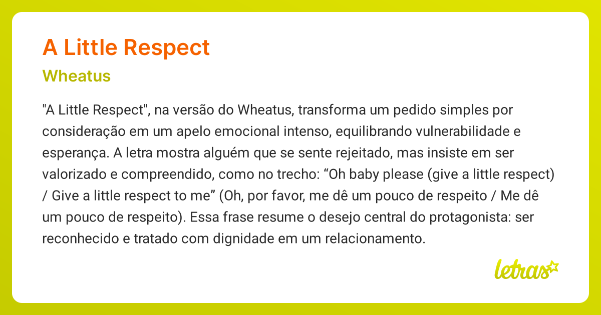 Significado da música A LITTLE RESPECT (Wheatus) - LETRAS.MUS.BR
