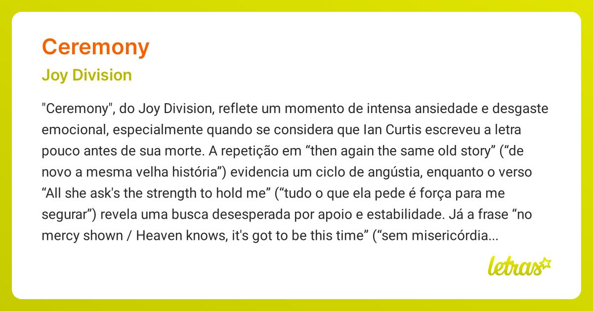 Significado da música CEREMONY (Joy Division) - LETRAS.MUS.BR