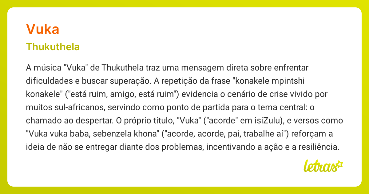 Significado da música VUKA (Thukuthela) - LETRAS.MUS.BR