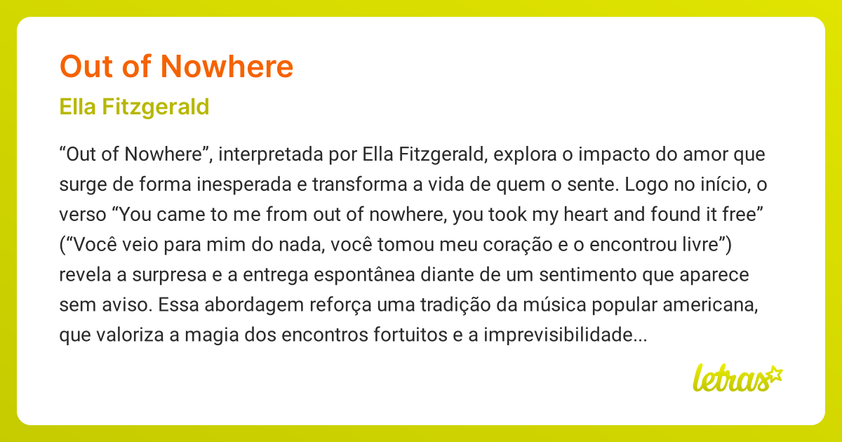 Significado da música OUT OF NOWHERE (Ella Fitzgerald) - LETRAS.MUS.BR