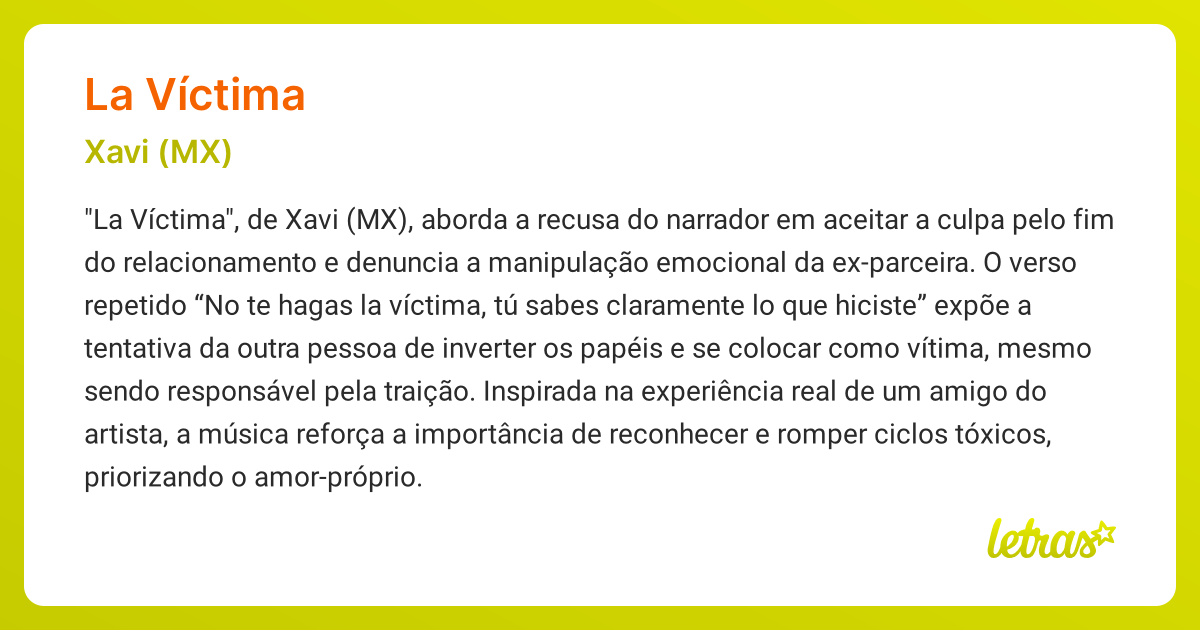 Significado da música LA VÍCTIMA (Xavi (MX)) - LETRAS.MUS.BR