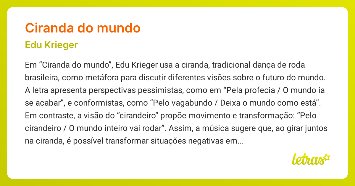 Significado da música CIRANDA DO MUNDO (Edu Krieger) - LETRAS.MUS.BR