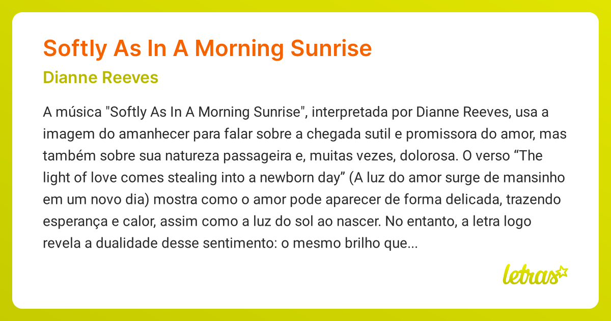Significado da música SOFTLY AS IN A MORNING SUNRISE (Dianne Reeves ...