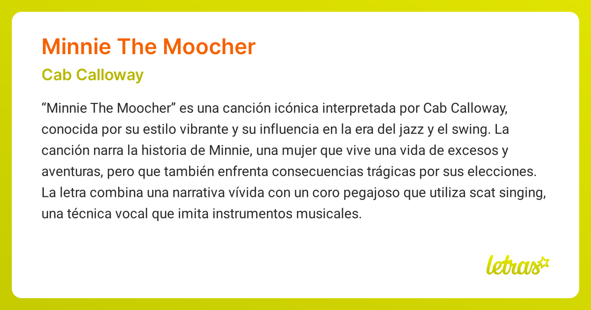 Significado de la canción MINNIE THE MOOCHER (Cab Calloway) - LETRAS.COM