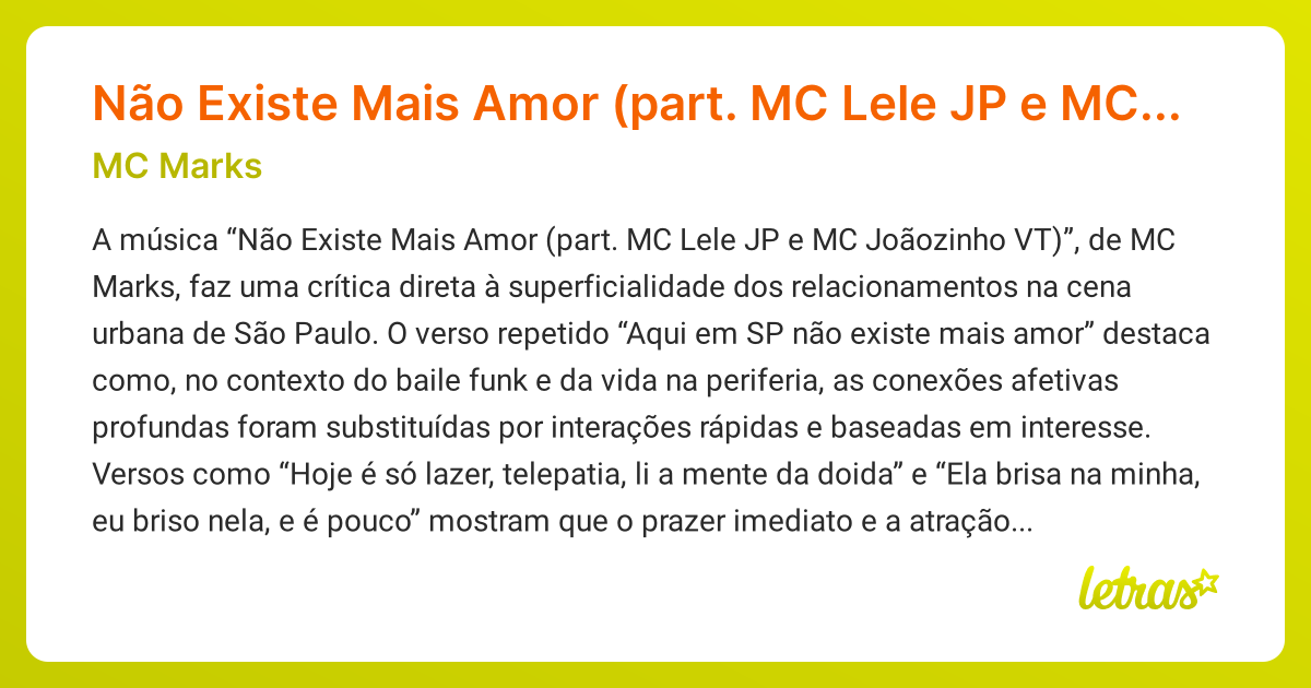 Significado da música Não Existe Mais Amor (part. MC Lele JP e MC ...